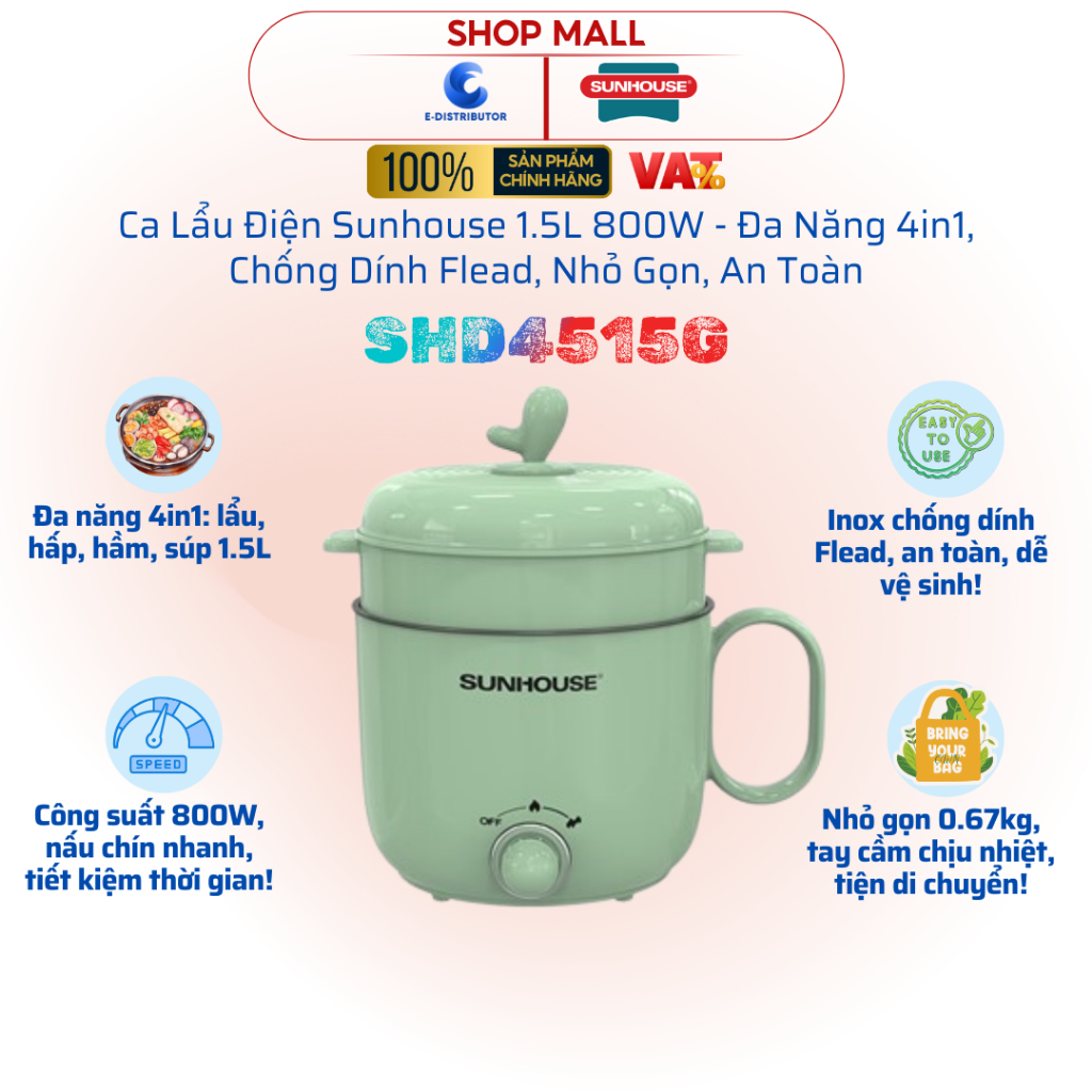 Ca lẩu điện Sunhouse SHD4515G 1.5L 800W - Đa Năng 4in1 - Chống dính Flead - Bảo hành 12 tháng ...