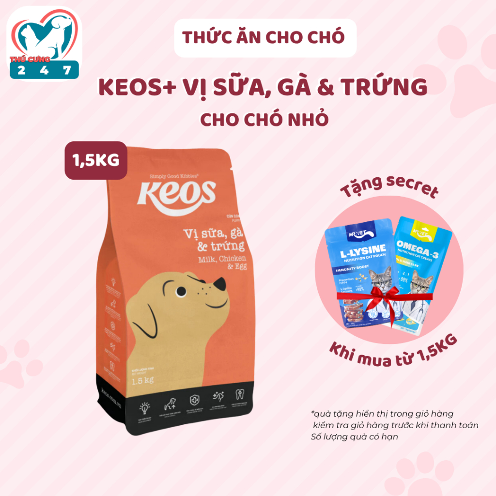 Thức ăn cho chó nhỏ Keos vị sữa, gà và trứng bổ sung đầy đủ vitamin và dưỡng chất túi 1,5kg ...