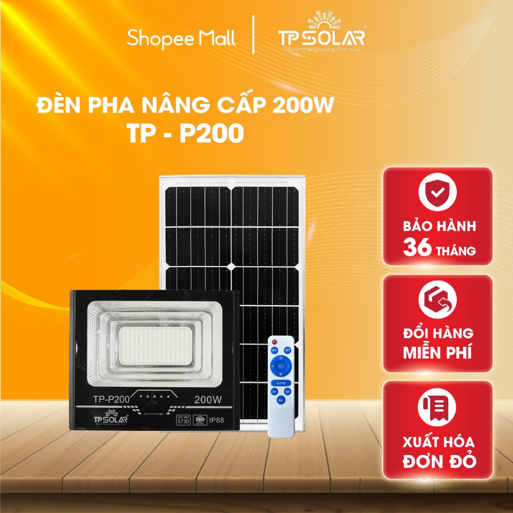 Đèn Pha Năng Lượng Mặt Trời TP SOLAR TP-P200 200W, Chống Nước Ip68, Vỏ ...