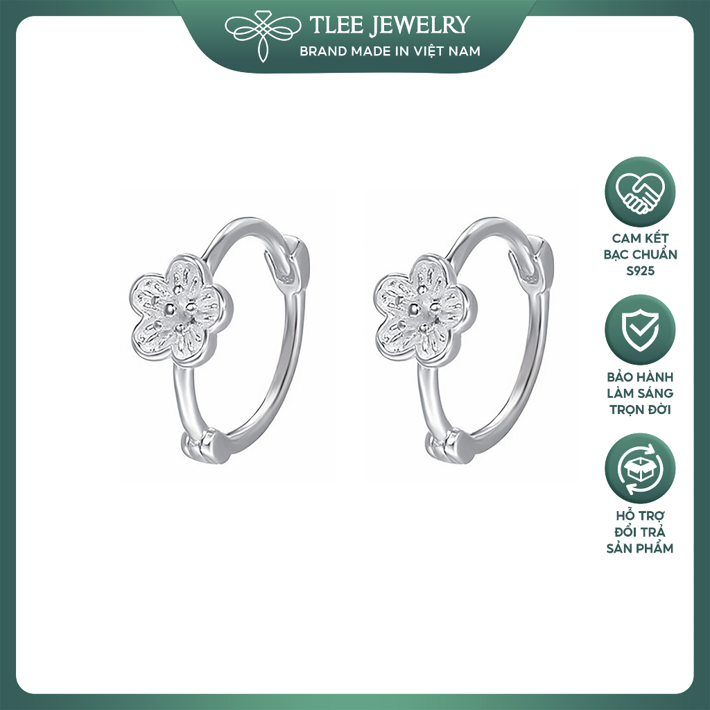 Khuyên tai bạc nữ TLEE s925 tròn bấm hình bông hoa mận tượng trưng cho ...