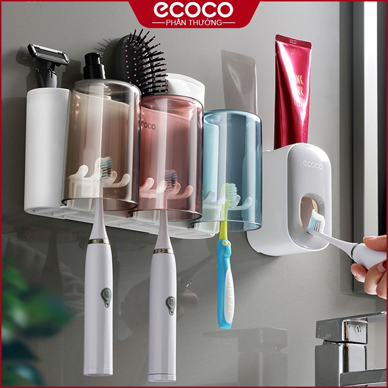 Kệ Cắm Bàn Chải ECOCO 2 Cốc 3 cốc 4 Cốc, Bộ Nhả Kem Đánh Răng Tự Động Cao Cấp Không Cần Khoan ...