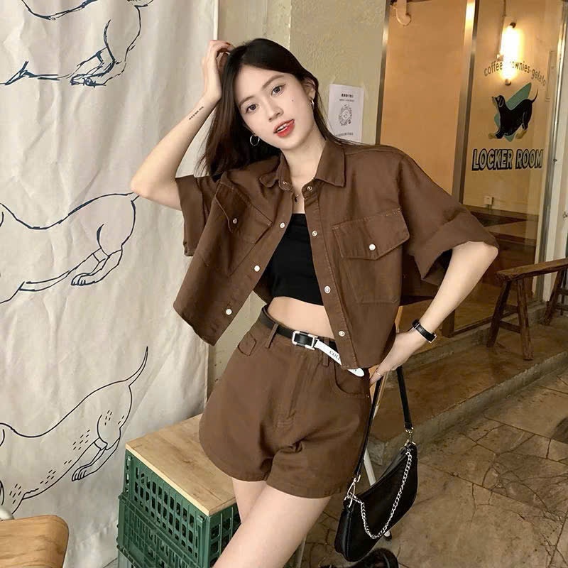 Set 3 món nữ nâu phối áo croptop + áo sơ mi + quần short nịt cá tính ...