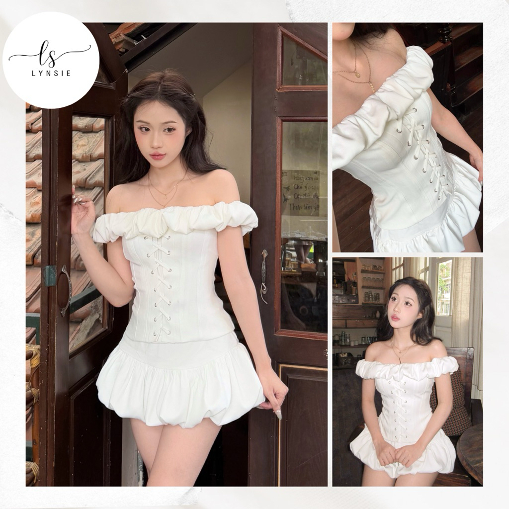 [Selie Set] Set áo trễ vai bồng nhún corset phối chân váy bí bồng bềnh ...