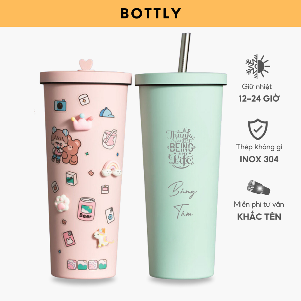 Ly giữ nhiệt cao cấp BOTTLY Pastel, cách nhiệt 2 lớp, khắc tên theo yêu ...