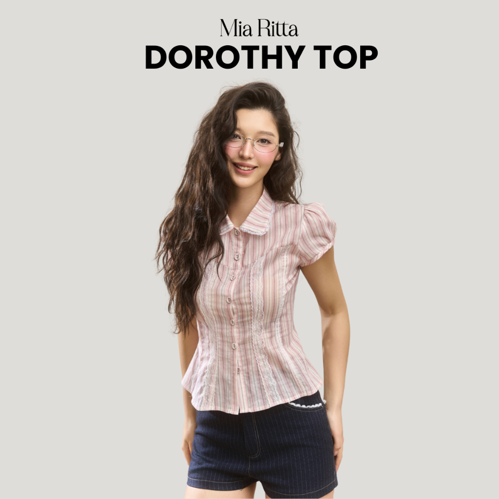 Sơ mi kẻ hồng nhạt thắt dây lưng Dorothy Top Miaritta A2227 - Áo sơ mi linen cotton phối ren ...