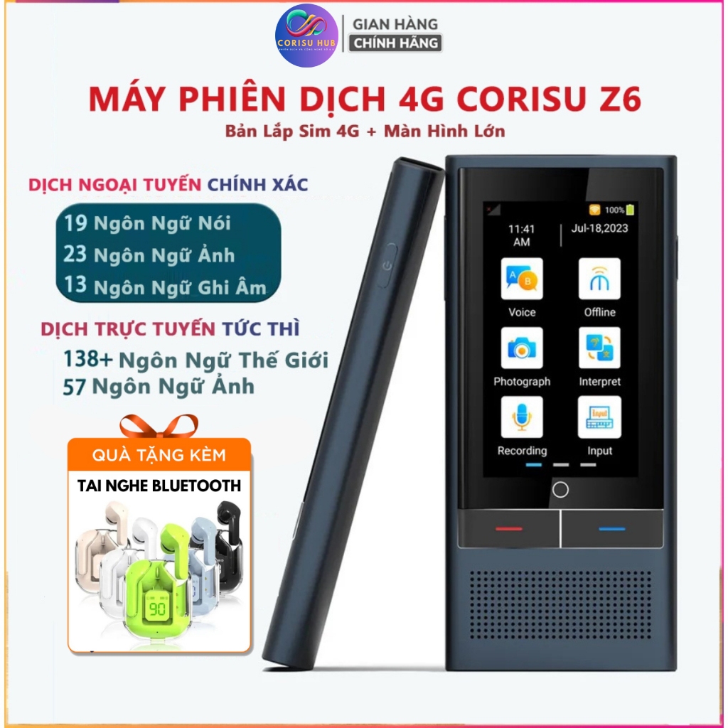 Máy phiên dịch đa ngôn ngữ CORISU Z6 Bản nâng cấp (Tặng tai nghe) lắp SIM 4G/Wifi, dịch trực ...