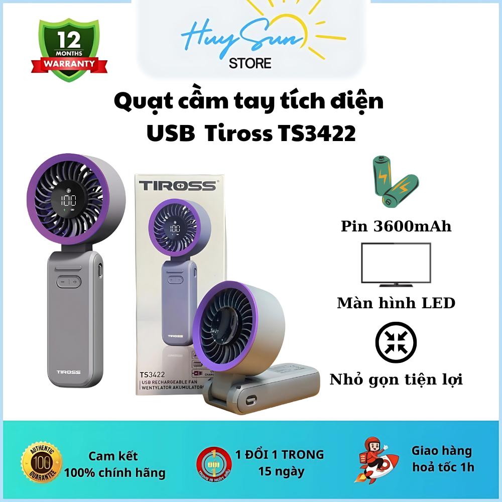 Quạt Tích Điện Cầm Tay USB Tiross TS3422 - 5W, Pin 3.7V 3600mAh, Có Màn ...