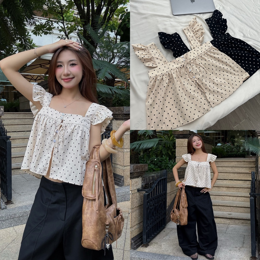 AIMEE TOP - Áo Kiểu DEROSE 2 Dây Bèo Gài Nút Cột Dây Tuỳ Chỉnh Vải Gió ...