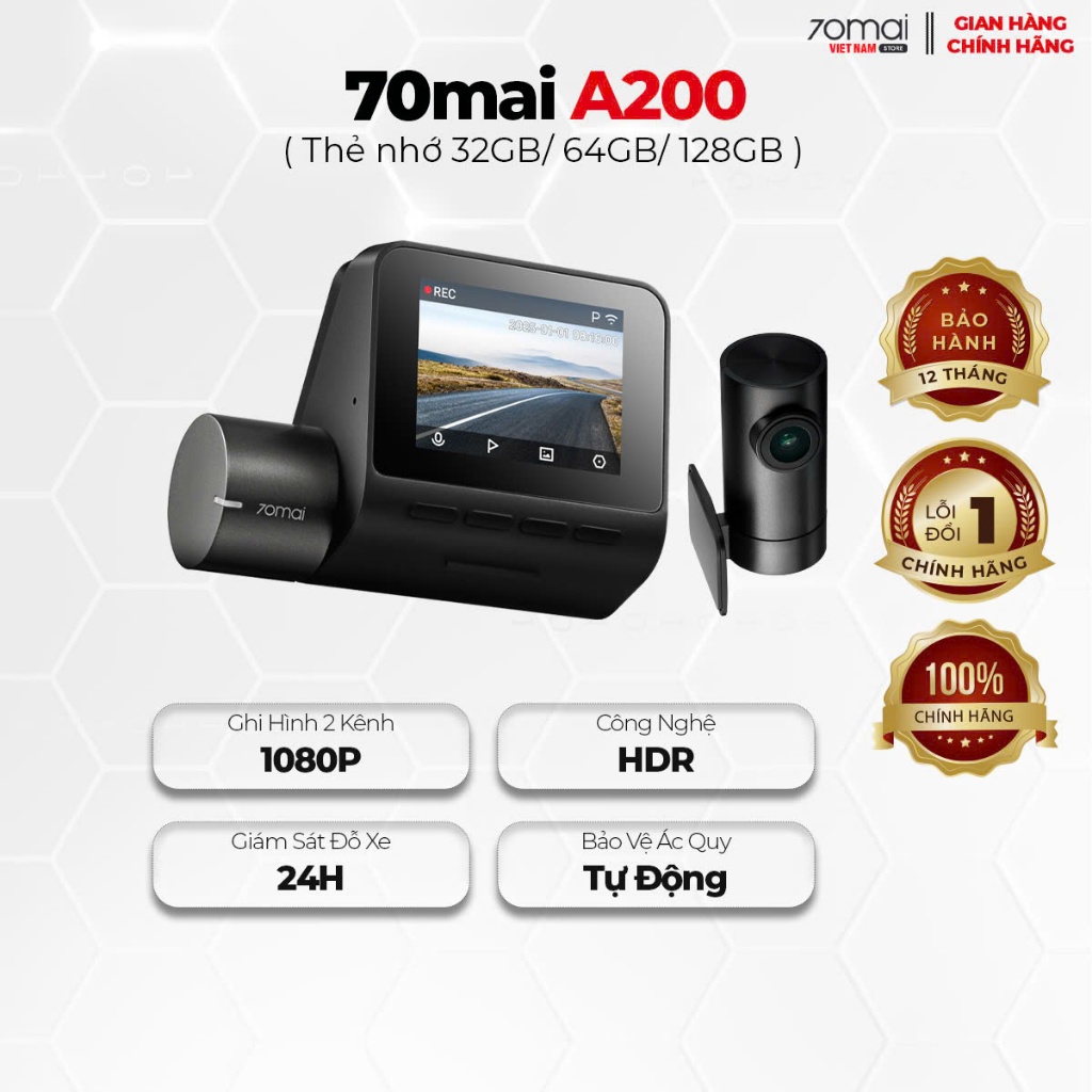 Camera hành trình 70mai A200 HDR 1080P ghi hình trước sau sắc nét, giám ...