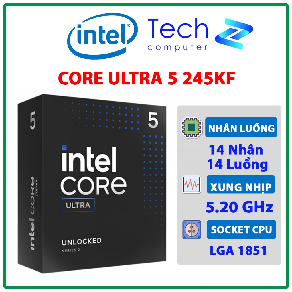 CPU Intel Core Ultra 5 245KF (14C/14T | Turbo 5.2GHz | LGA1851 | NPU AI ...