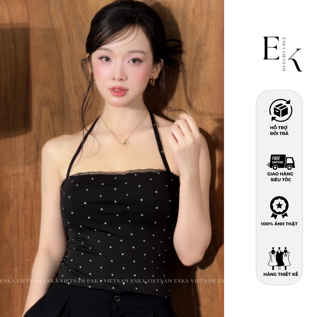 Áo yếm thun chấm bi HANIE TOP áo ôm phối ren đen trắng cột nơ tiểu thư sang trọng - ENKA VIETNAM ...