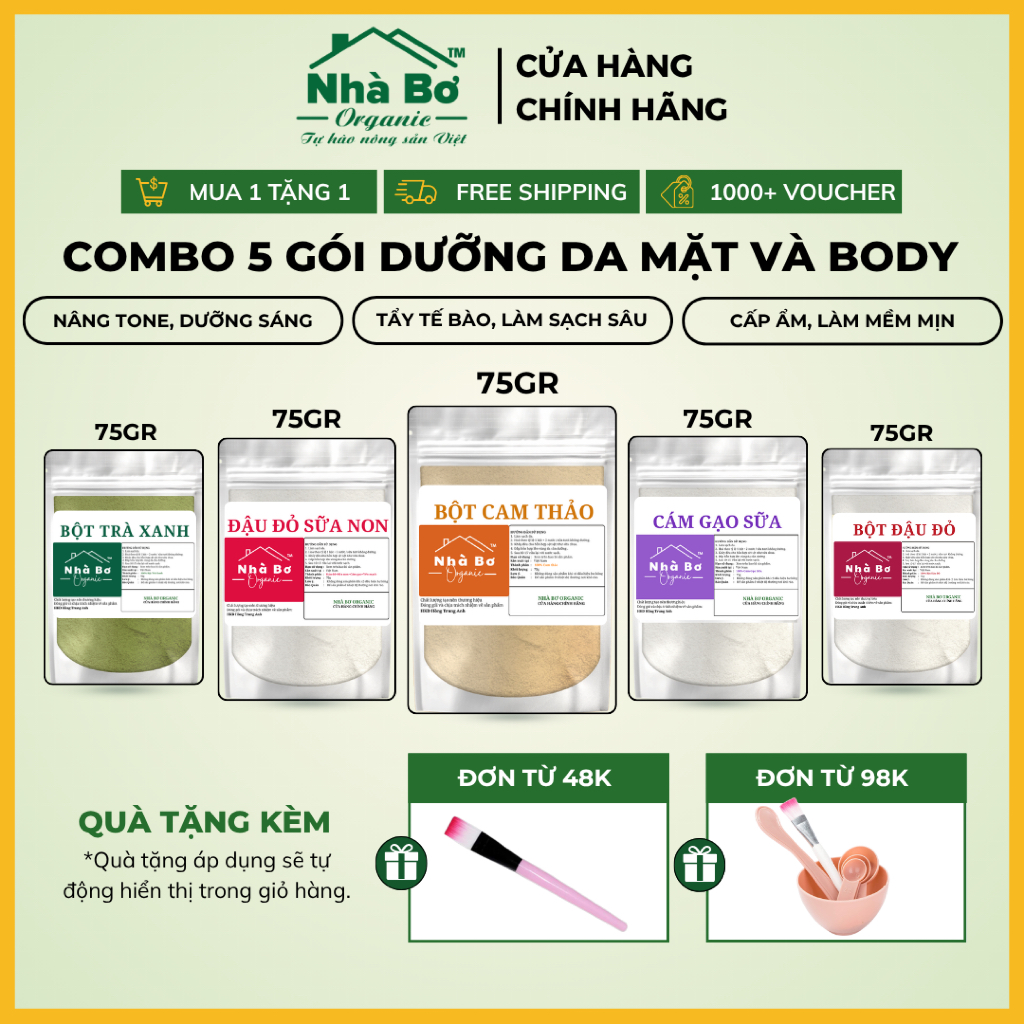 Combo 5 Gói x 75G (375G) Bột Nhà Bơ Organic [Trà Xanh + Cam Thảo + Đậu Đỏ Sữa Non + Cám Gạo Sữa ...