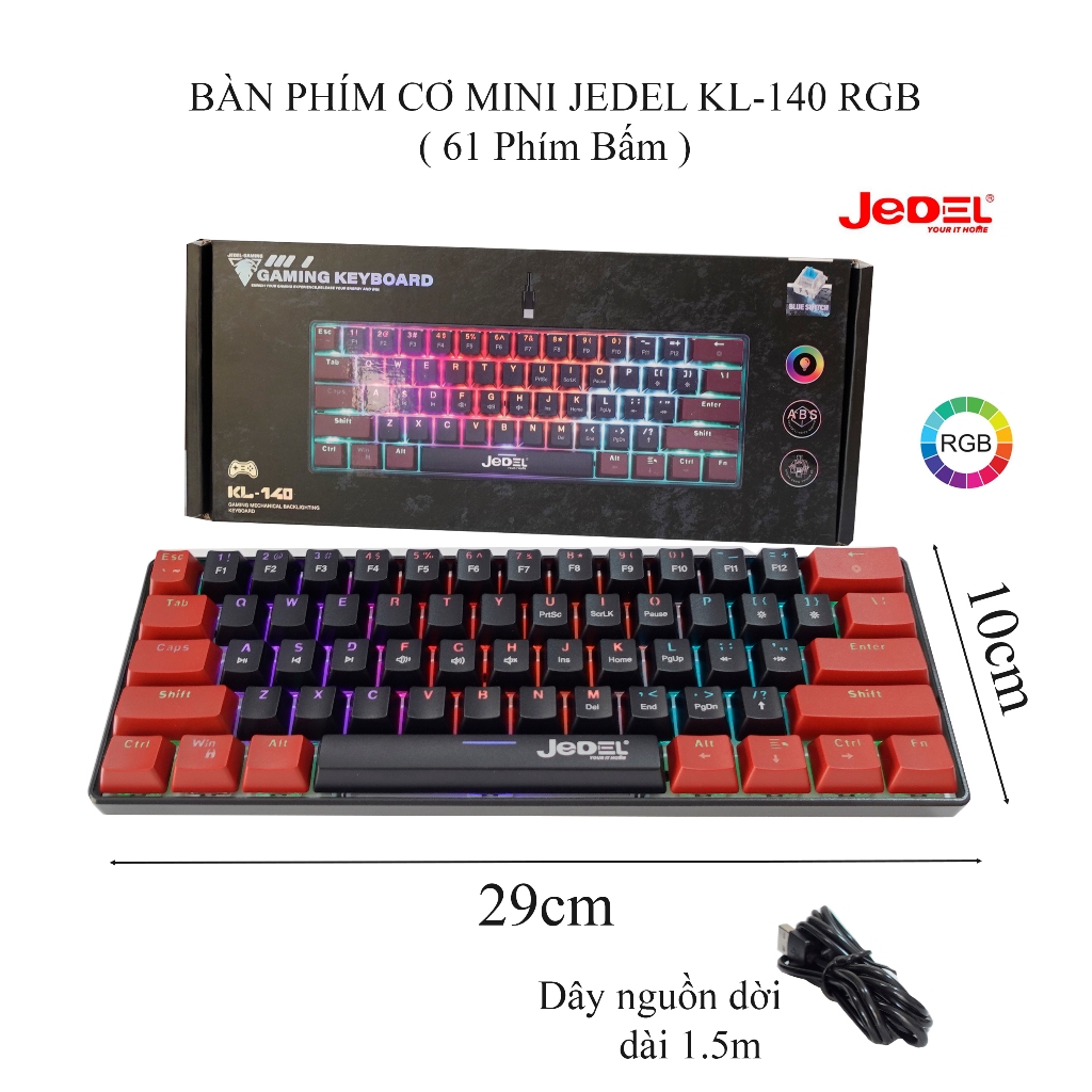 Bàn phím cơ mini JEDEL KL-140 RGB 61 phím – Blue Switch, Type-C, chống ...