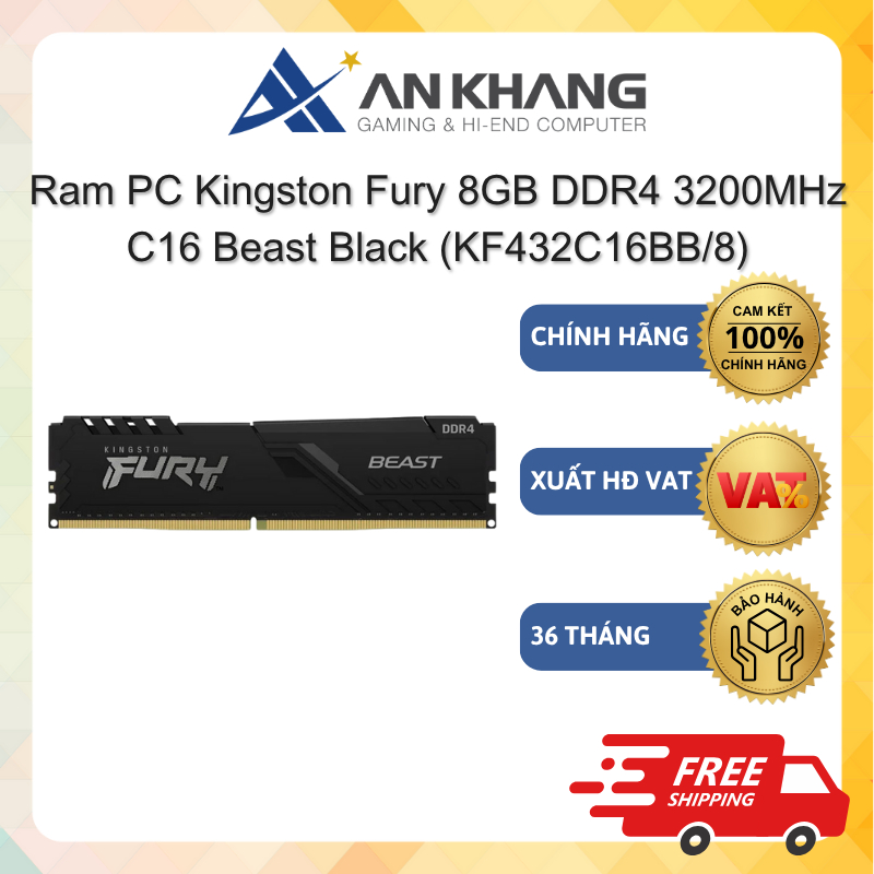 Ram PC Kingston Fury 8GB DDR4 3200MHz C16 Beast Black (KF432C16BB/8) Chính hãng Bảo hành 36 ...
