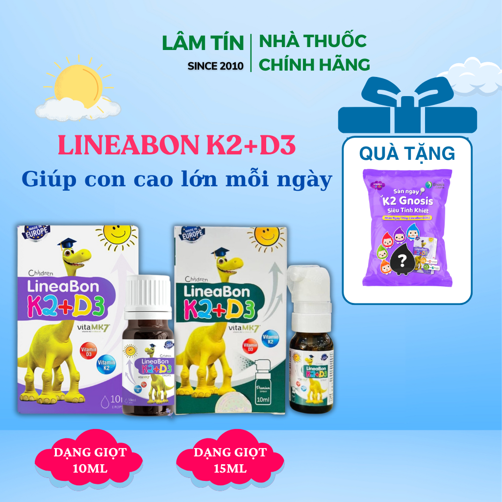 Lineabon K2 D3 chính hãng, bổ sung K2 và vitamin D3 giúp hấp thụ canxi, giảm còi xương, tăng ...