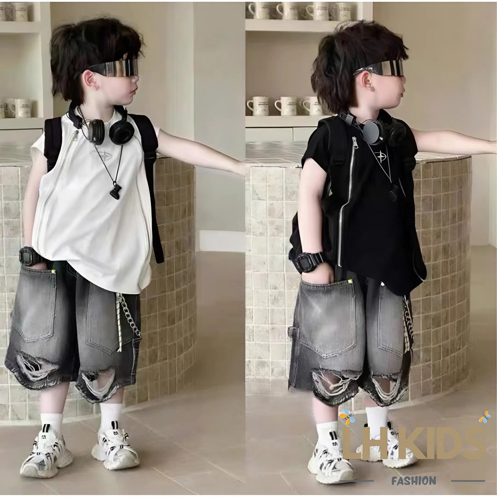 Bộ đồ bé trai phong cách Hàn Quốc 2025 gồm áo ba lỗ, quần short denim 8 ...
