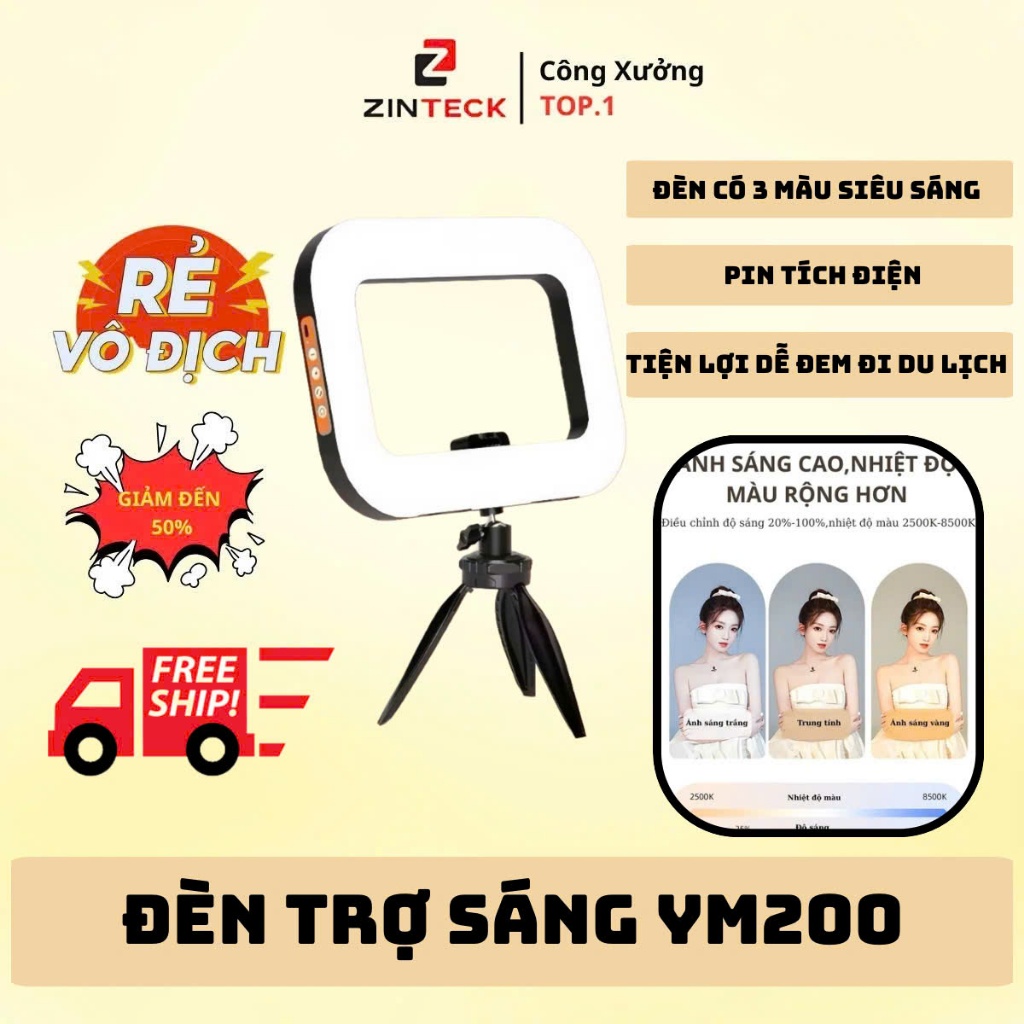 Đèn trợ sáng YM200 Hỗ Trợ Quay Video, Chụp ảnh, Makeup - 3 Chế Độ Sáng - Pin Dùng Liên Tục 3-4h ...