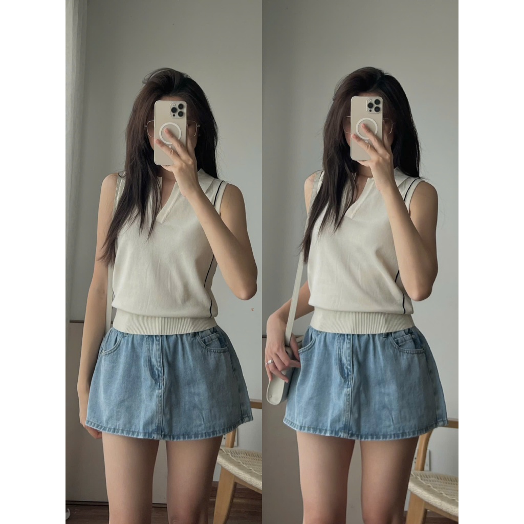 A951 Áo len sát nách viền kẻ Audrey | Shopee Việt Nam