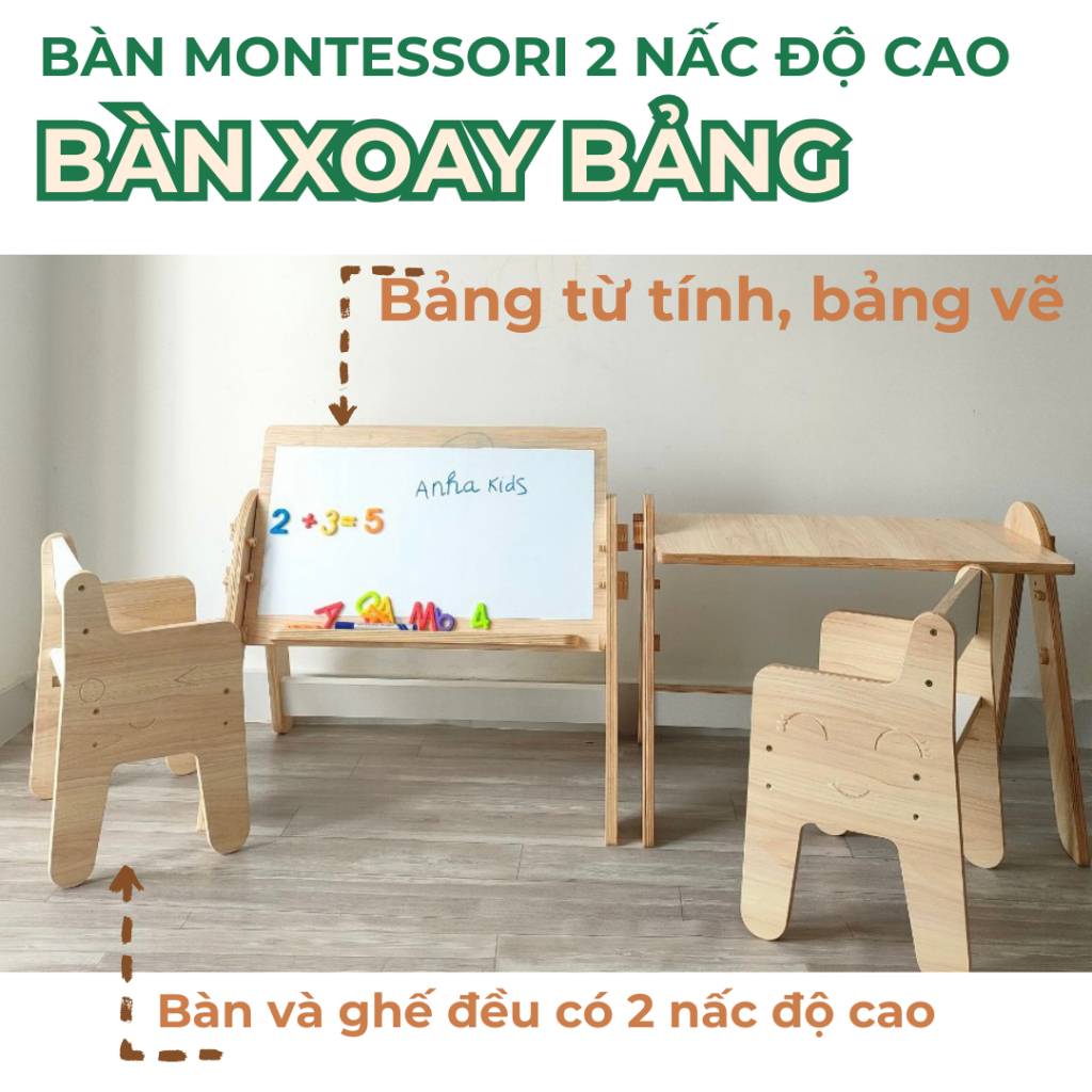 ANHA KIDS Bàn ghế montessori, bàn xoay bảng, bộ bàn ghế gỗ mầm non cho ...