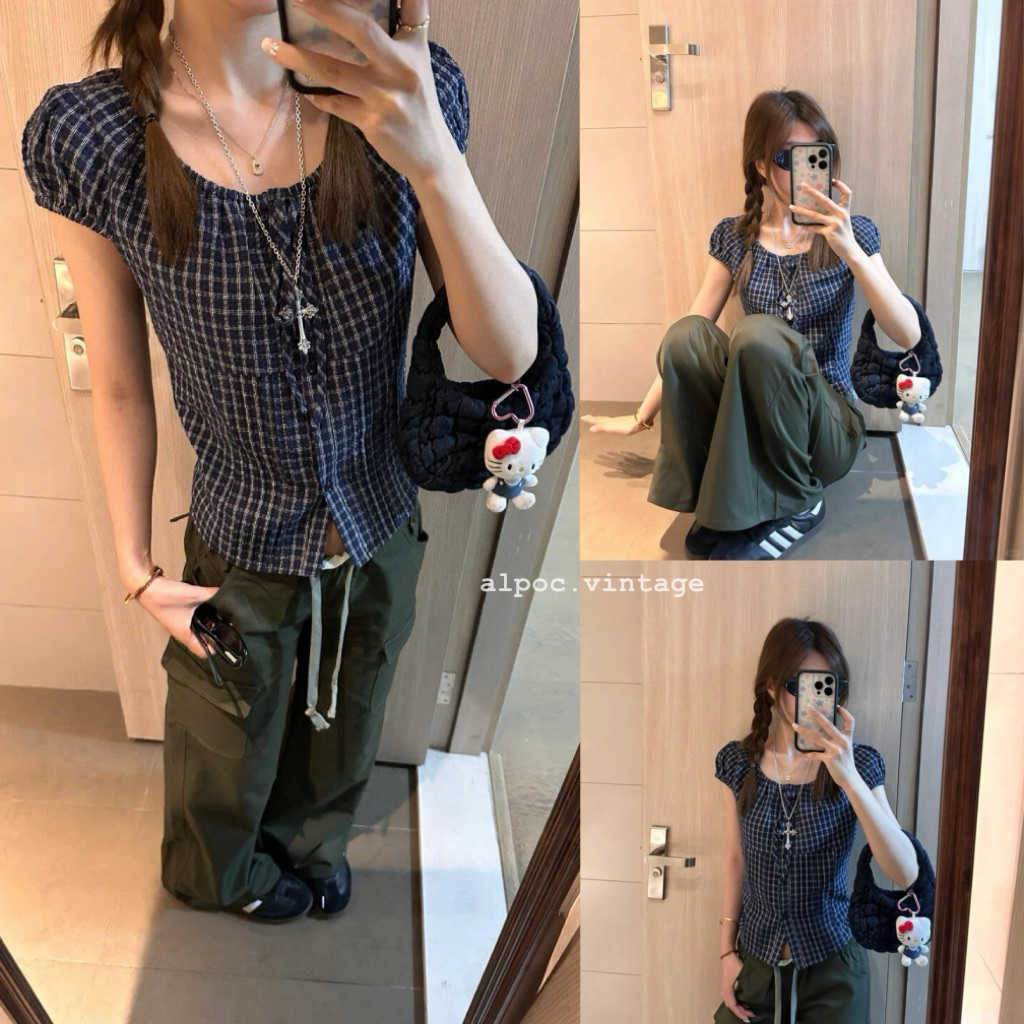 Fullset/Có quà) Y2k acubi style set áo blouse babydoll tay ngắn vải kẻ ...