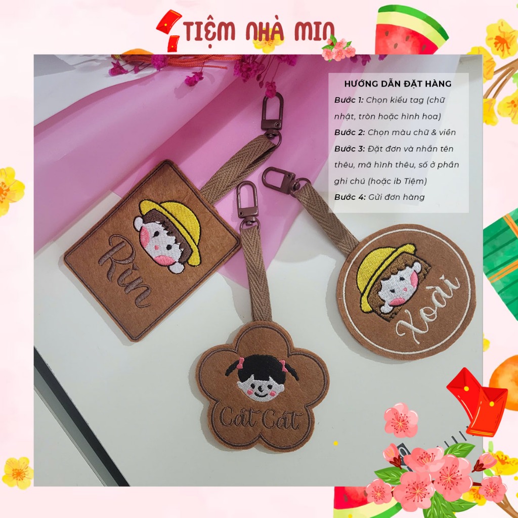 [Tiệm Nhà Min] Name Tag Vải Nỉ NỀN NÂU Thêu Hai Mặt Dùng Treo Cặp, Balo ...