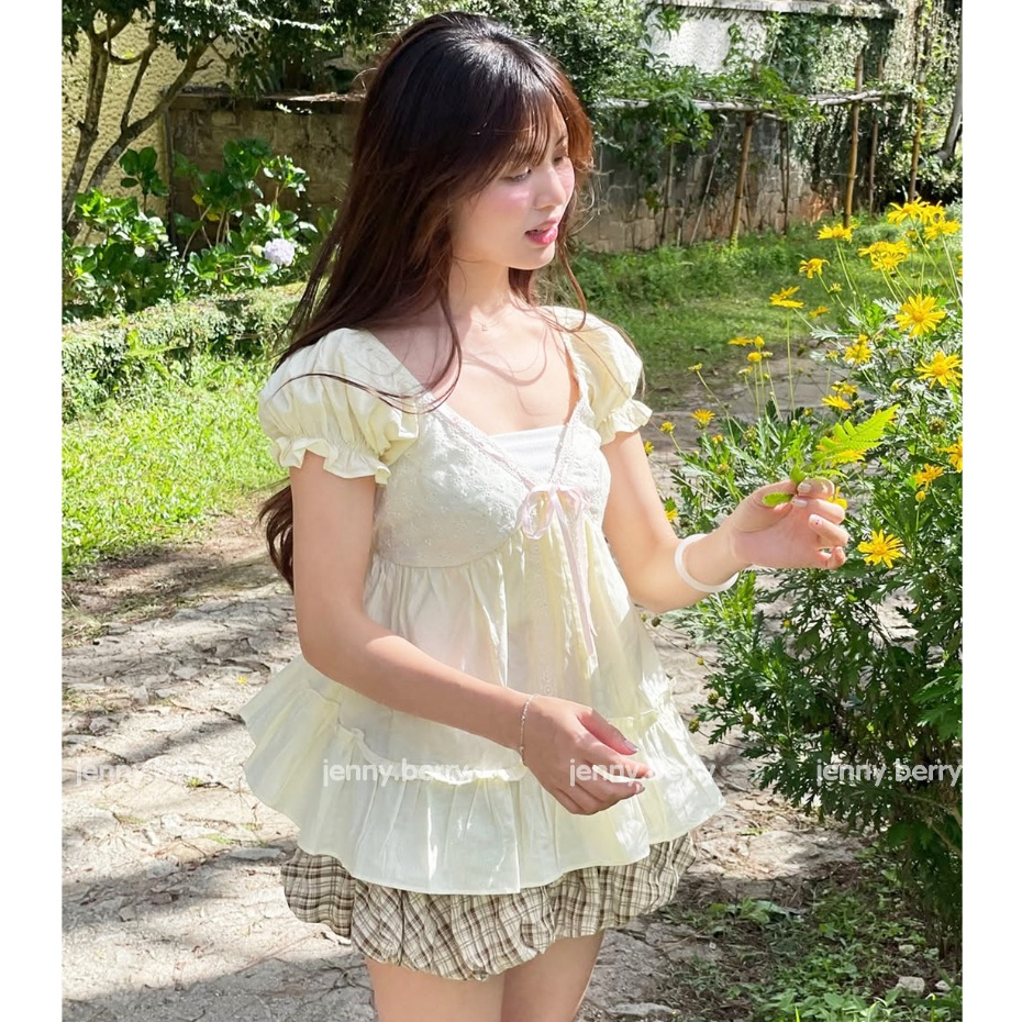 Lily Top - Áo kiểu nữ babydoll phối ngực trắng dáng xòe áo cánh nữ phối ren ruy băng nơ | Shopee ...