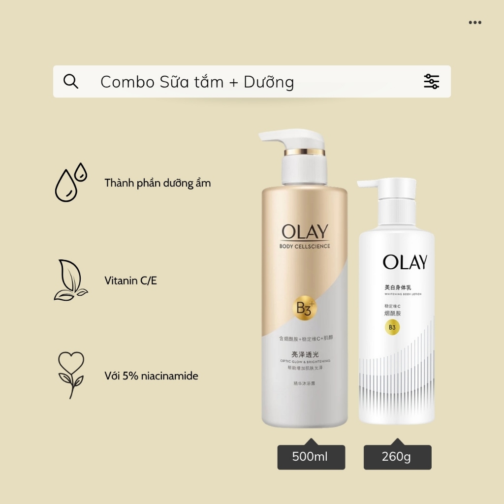 Combo OLAY Dưỡng Thể [260ml] và Sữa Tắm[500ml] B3 vitamin C/E trắng da ...