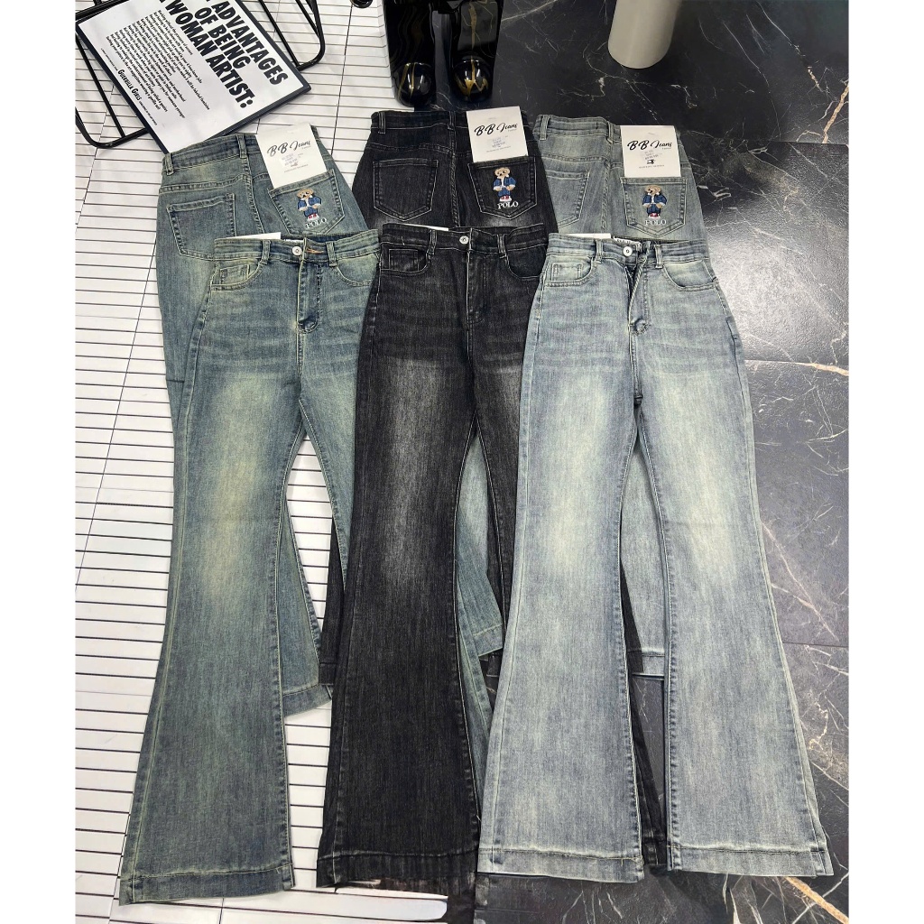 GOAT JEANS - Quần Jeans ống loe dài co giãn túi sau Thêu kiểu Gấu ...