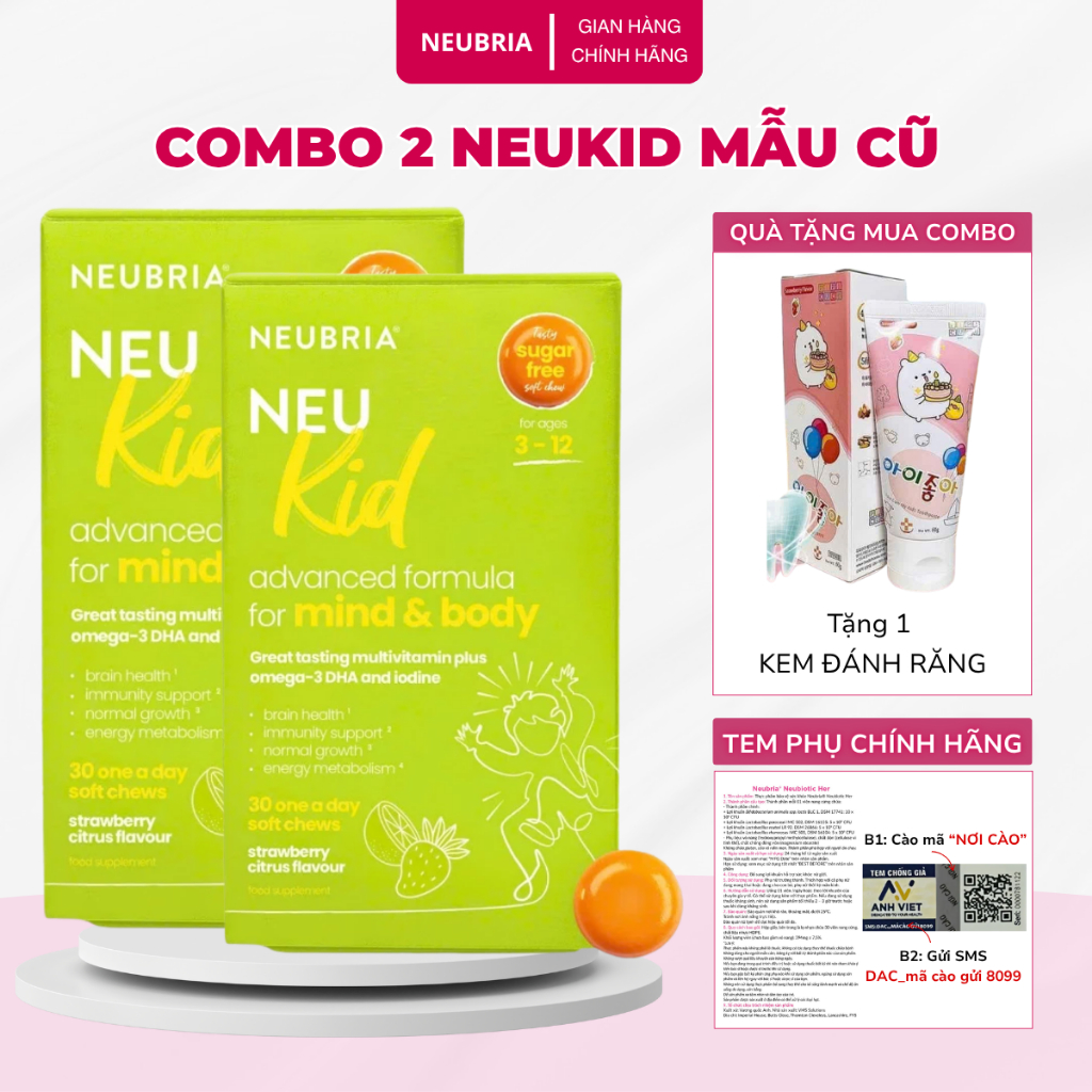 NEUBRIA Neu Kid Combo 2 hộp viên nhai bổ sung DHA và Vitamin tổng hợp ...