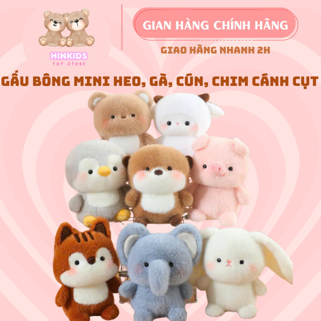 Gấu bông mini heo, gà, cún, chim cánh cụt, voi, cáo, chồn, gấu trúc ...