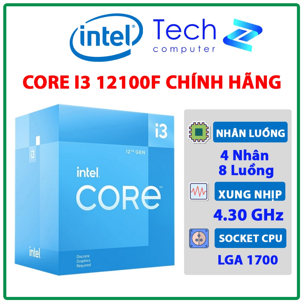CPU Intel Core i3 12100F (4 Nhân 8 Luồng | Turbo 4.3GHz | LGA1700 | Box ...