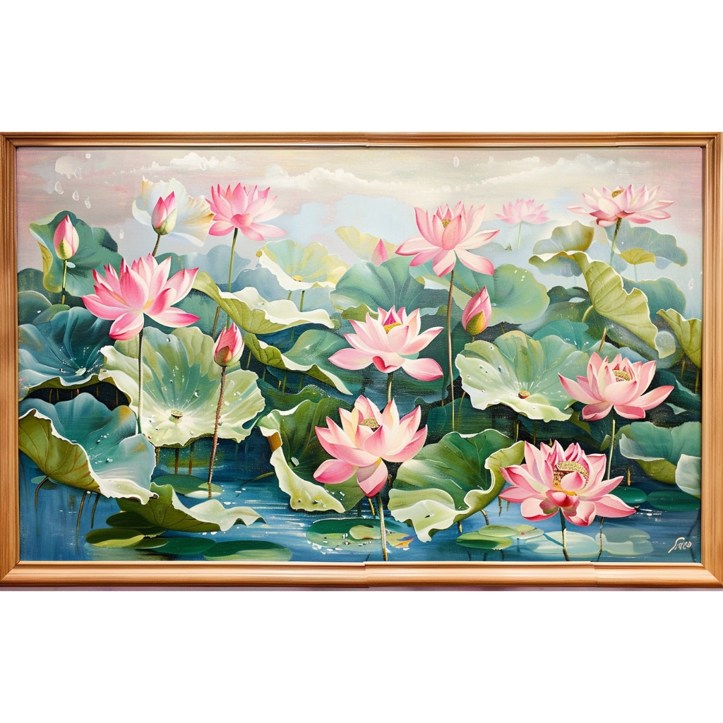 Tranh phong cảnh đầm sen quê hương, Tranh Canvas cao cấp decor phòng ...