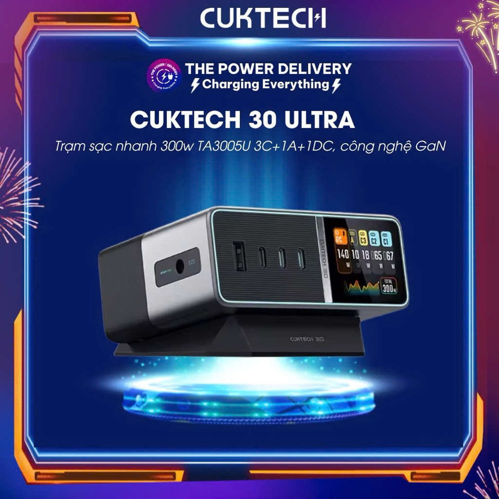 Trạm sạc nhanh Cuktech 30 Ultra 300w TA3005U 3C+1A+1DC, công nghệ GaN, màn hình hiển thị chi ...