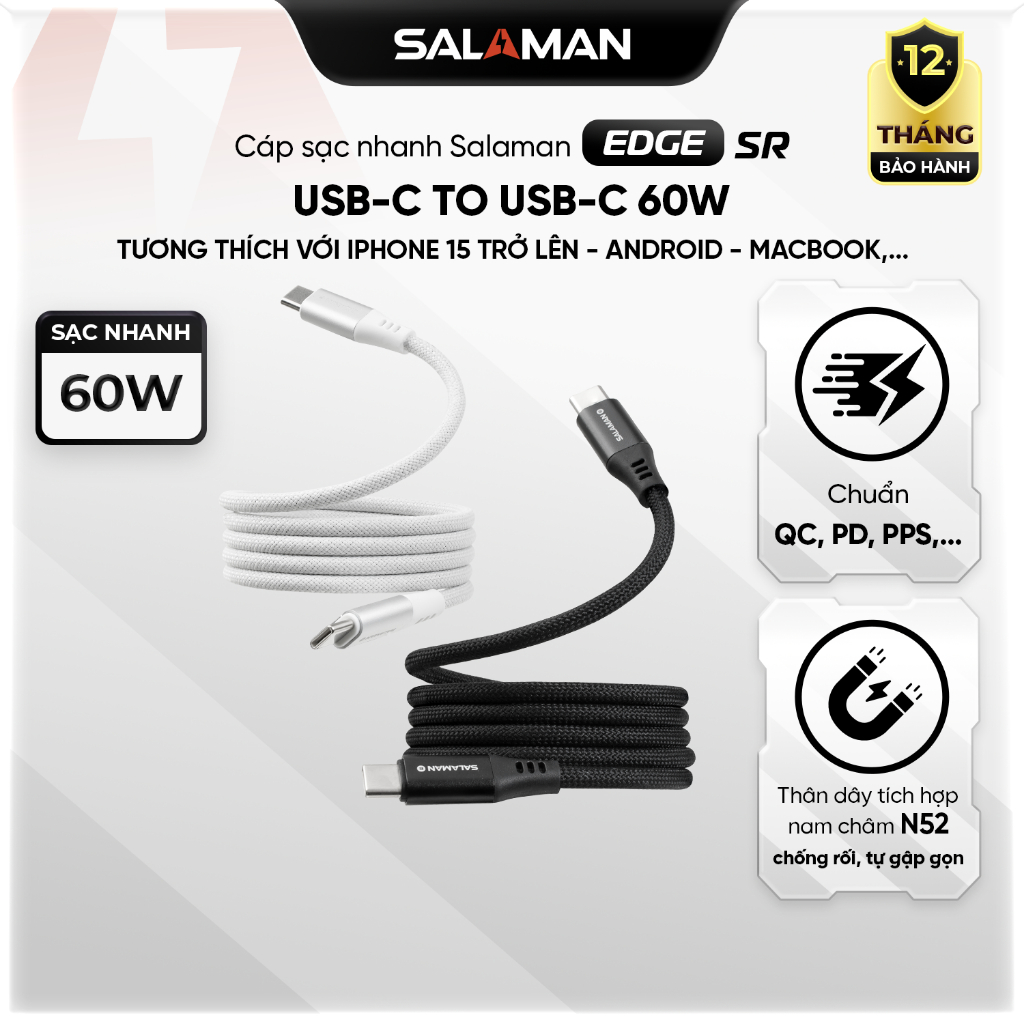 Cáp Sạc Nhanh Salaman SR USB-C to C 60W – Nam Châm N52, Gập Gọn, Hỗ Trợ QC/PD/PPS | Shopee Việt Nam