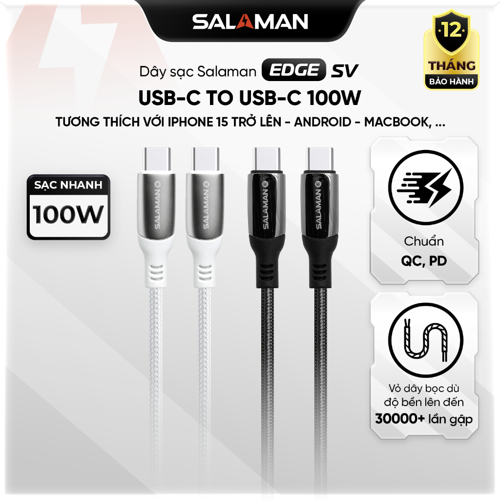 [Cáp CtoC] Cáp Sạc Nhanh Salaman SV 100W USB-C – Hỗ Trợ PD/PPS/QC, Bọc Dù Bền, Tương Thích Rộng ...