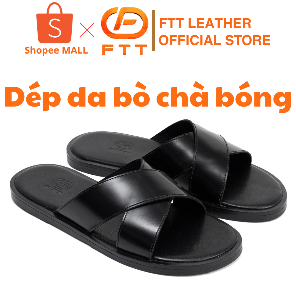 Dép da bò chà bóng nam đan chéo FTT Leather cao cấp hạn chế nhăn đế ...