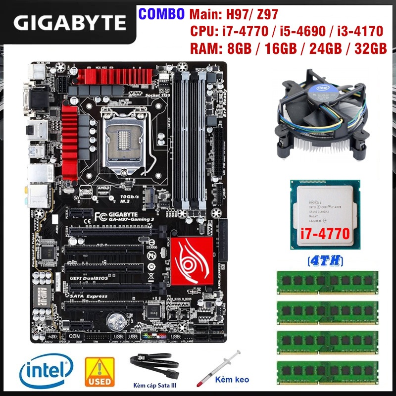 Combo Mainboard H97/Z97 + CPU i7 4770 + RAM 32GB/16GB/8GB + FAN + Keo ...