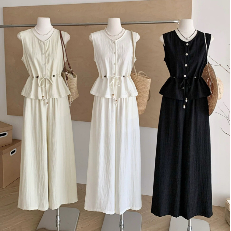 [Hoa Hồng 15%]SÉT Bộ Đồ Nữ Cao Cấp Thiết Kế Áo Sát Nách Kèm Đai mix quần Dài Suông đi chơi mùa ...