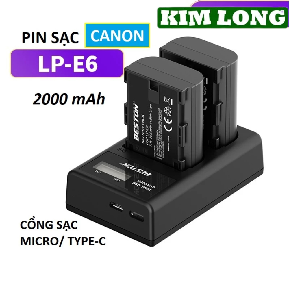 Pin LP-E6 2000mAh + Sạc Beston Dùng Cho Máy Ảnh Canon EOS 60D 70D 80D 90D 6D 7D 5D Mark IV 5DSR ...
