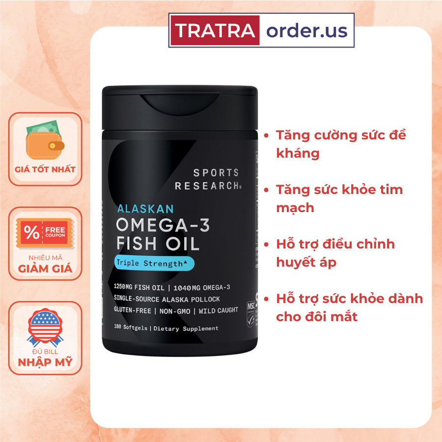 Viên Uống Dầu Cá Sports Research Alaskan Omega-3 Fish Oil Triple Strength 1250mg 180 Viên ...