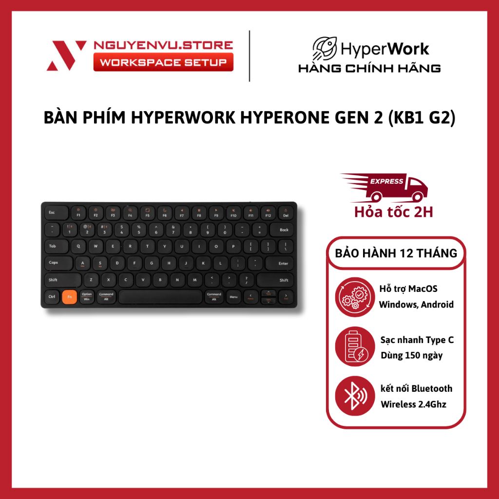 Bàn phím không dây HyperWork HyperOne Gen 2 | KB1 G2, Kết nối Bluetooth ...