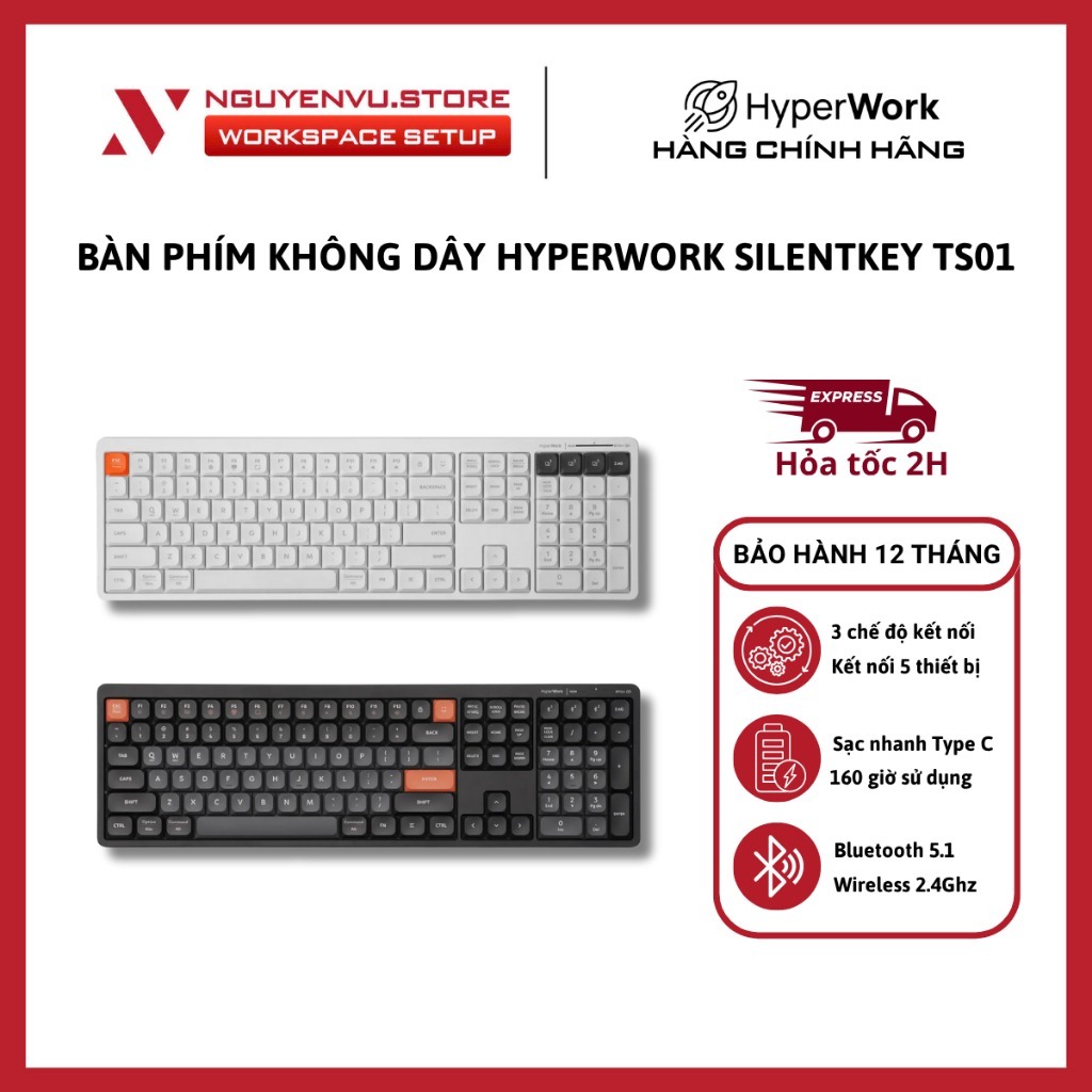 Bàn phím không dây HyperWork SilentKey TS01 - 160 giờ sử dụng liên tục ...