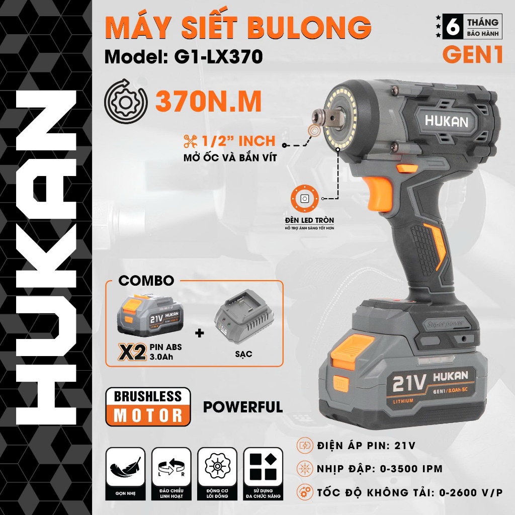 Máy siết bulong HUKAN G1-LX370, lực siết 370Nm, Đầu 2 trong 1 - Động cơ không chổi than | Shopee ...