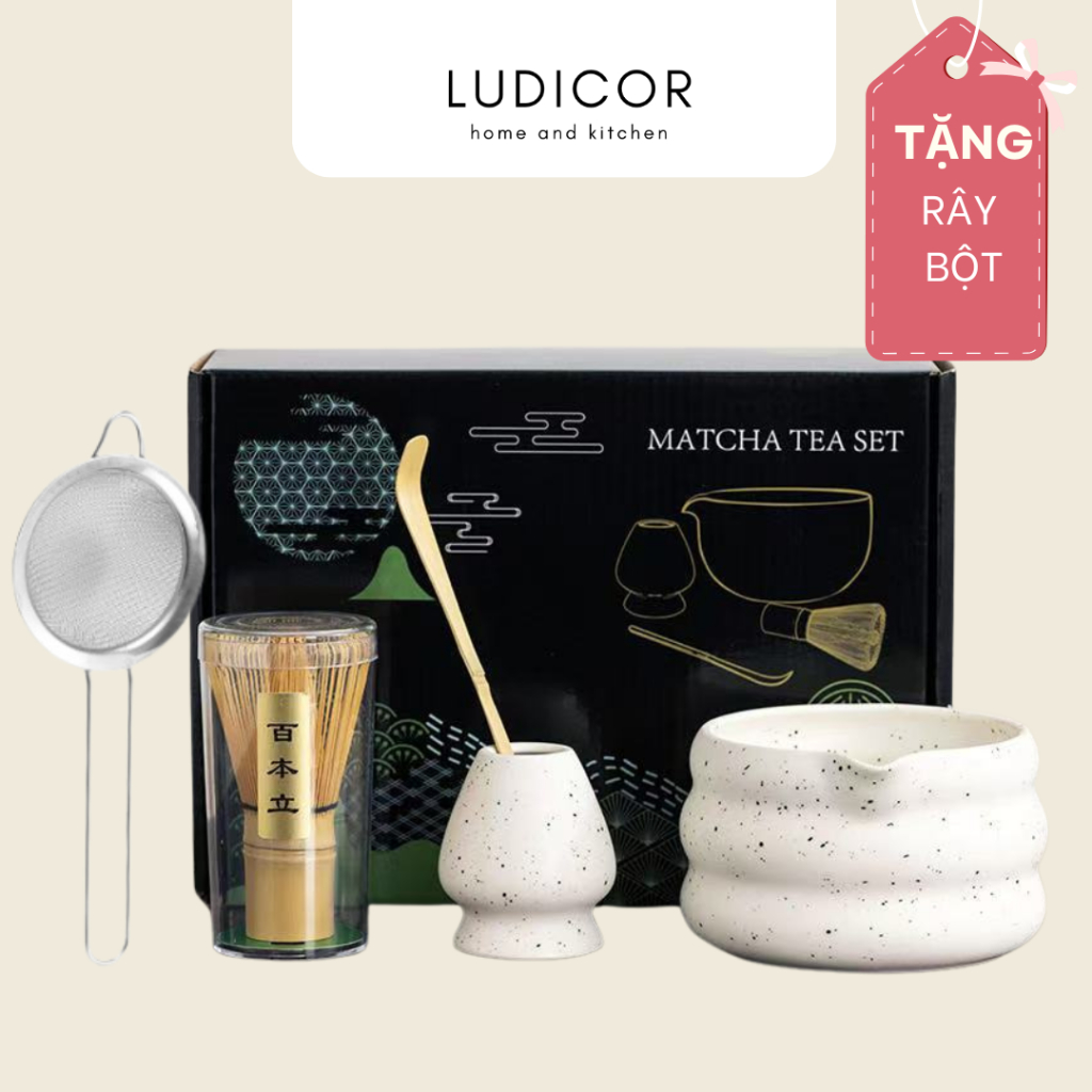 Bộ pha matcha gồm chổi chasen, bát chawan gốm phong cách Nhật Bản cao ...