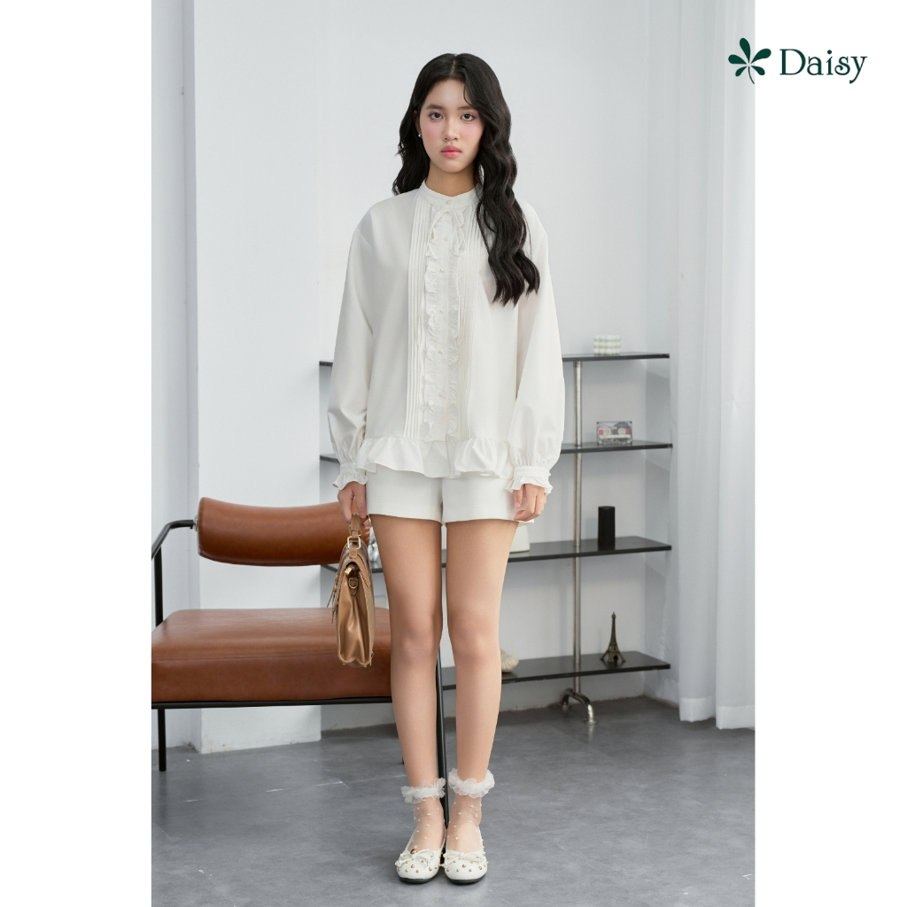 Áo sơ mi tay dài phối bèo & quần short trắng basic nữ - Daisy A3594 ...