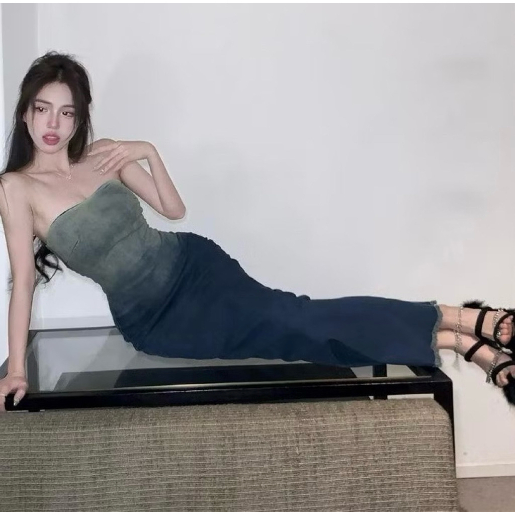 Pass [thanh lý] đầm ống jean loang màu (ảnh thật) | Shopee Việt Nam