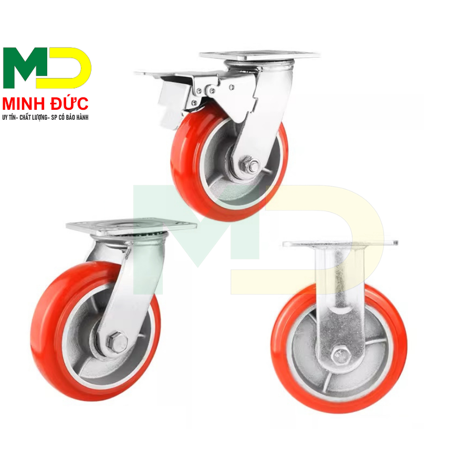 Bánh xe PU Hàn Quốc lõi gang càng xoay tải nặng, mặt bích D100, D125 ...