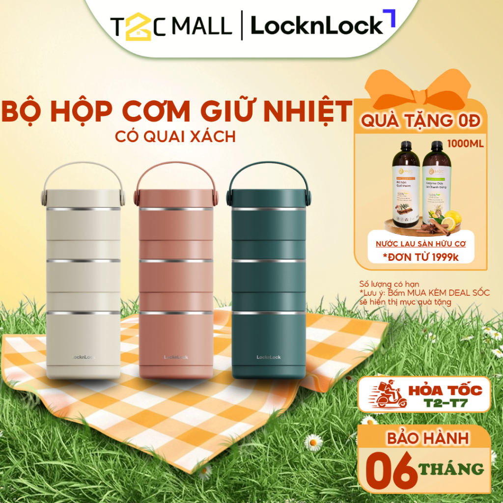 Bộ Hộp Cơm Giữ Nhiệt LocknLock Có Quai Xách LHC8058 2 hộp 380ML, 1 hộp 400ML Chính Hãng T2C Mall ...