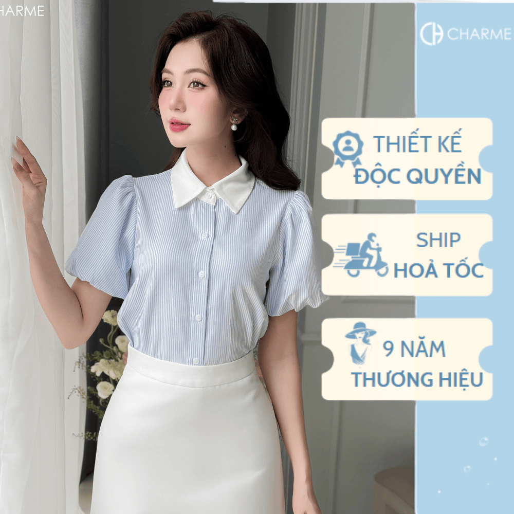 Áo sơ mi cộc tay cổ Đức dáng suông tôn dáng Charme Store sơ mi nữ công sở hàng thiết kế 308045 ...