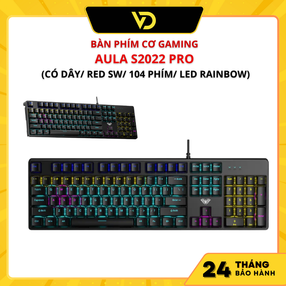 Bàn phím cơ gaming AULA S2022 PRO Màu đen (RED switch, Dây USB, App tuỳ ...